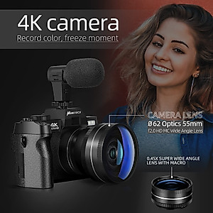 Mo Digital Cameras for Photography & 4K Video, 48 MP Vlogging Camera for YouTube with 180° Flip Screen,16X Digital Zoom,Flash & Autofocus,52mm Wide Angle & Macro Lens,2 Batteries,32GB SD Card