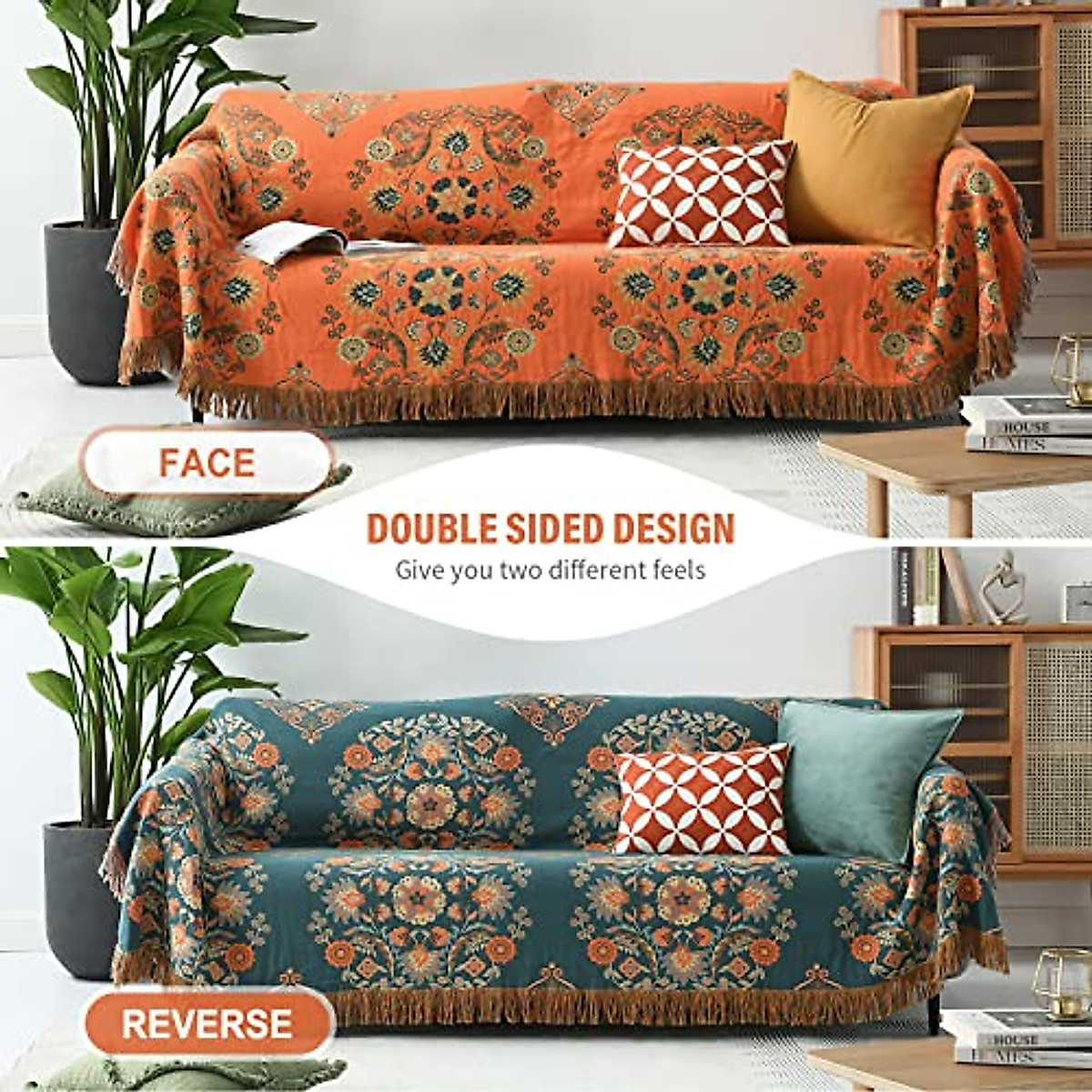 Y-PLWOMEN Boho Throw Blanket - 100% Cotton Soft Bohemian Queen Quilt Blanket for Bed, Orange Floral Reversible Throw Blanket for Couch Sofa Chair, 90"x98" Farmhouse Throw Blanket for All Season