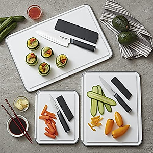 KitchenAid Classic Plastic Cutting Board with Perimeter Trench and Non Slip Edges, Dishwasher Safe, 11 inch x 14 inch, White and Gray