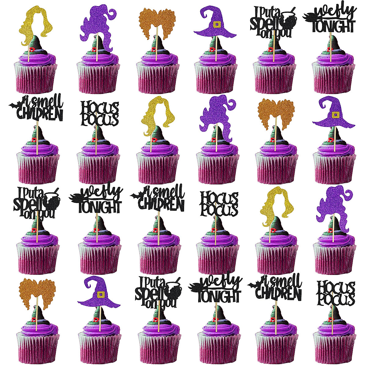 40Pcs Hocus Pocus Cupcake Toppers, I Put A Spell on You, I Smell Children Cupcake Toppers, Halloween Hocus Pocus Baby Shower Gender Reveal Party Decorations, Halloween Birthday Party Decorations