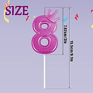 3inch Birthday Number Candle, 3D Candle Cake Topper with Crown Cake Numeral Candles Number Candles for Birthday Anniversary Parties (Rose Pink, 8)