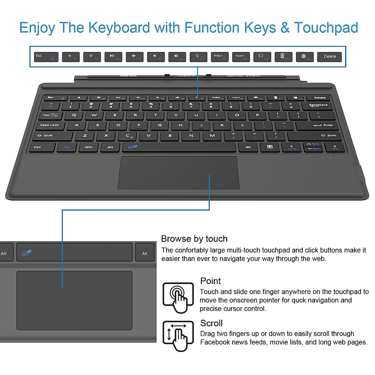 Arteck Microsoft Surface Pro Type Cover, Ultra-Slim Portable Bluetooth Wireless Keyboard with Touchpad Built-in Rechargeable Battery