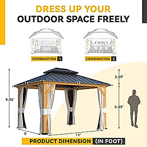 EROMMY 11'x13' Wood Gazebo, Outdoor Hardtop Gazebo Pavilion with Netting and Curtains, Spruce Wooden Frame Double Roof Metal Canopy for Patio Backyard Deck Garden