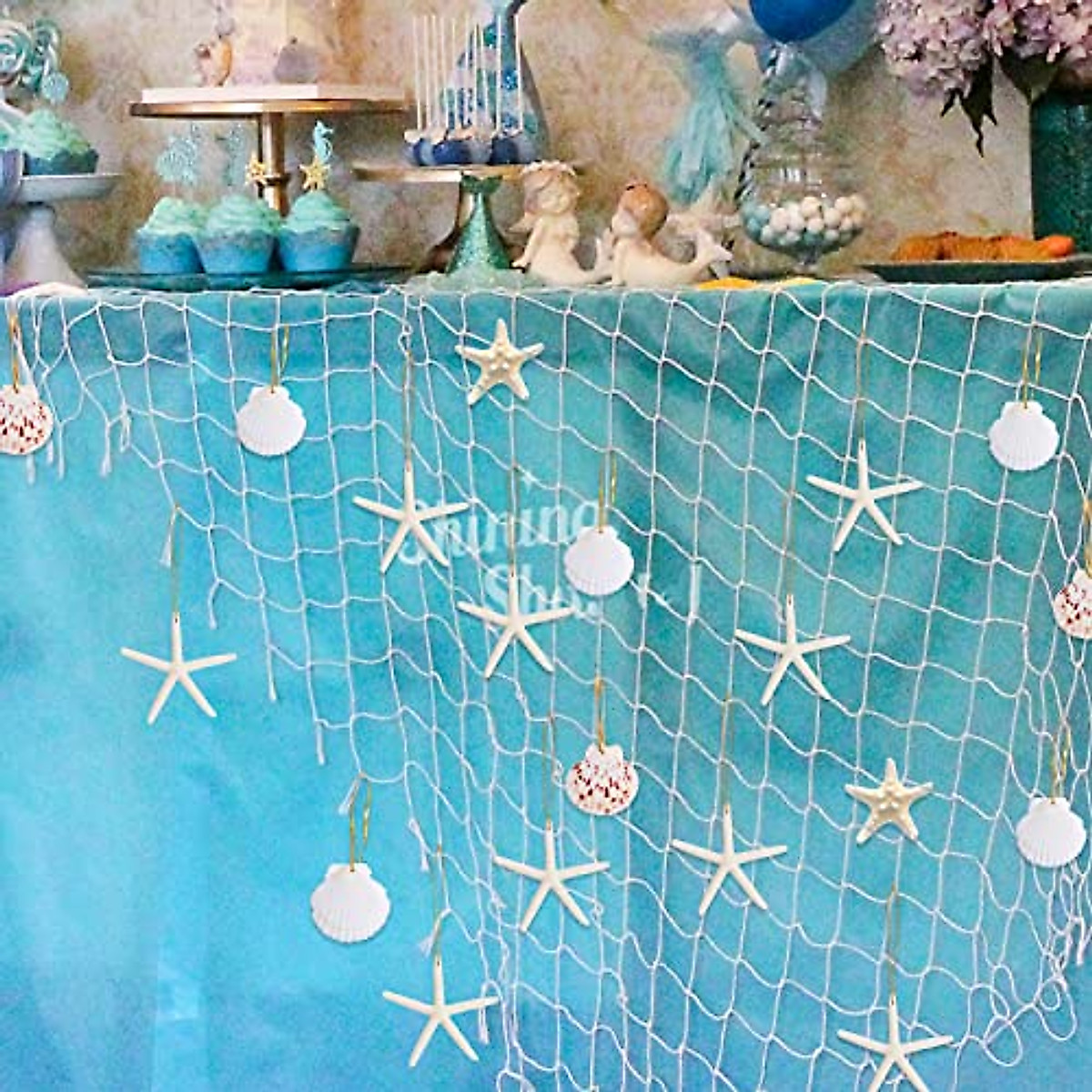 20 PCS Christmas Natural Starfish Ornaments 3-4'' + Beaded Starfish Garland Christmas Decorations 80Inch