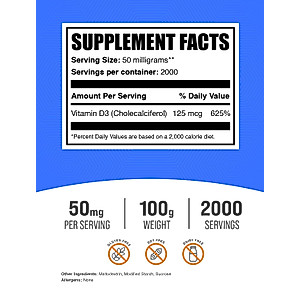 BulkSupplements.com Vitamin D3 Powder - Cholecalciferol, Vitamin D Supplements, Vitamin D3 5000 IU - Gluten Free, 50mg (125mcg of Vitamin D3) per Serving, 100g (3.5 oz) (Pack of 1)