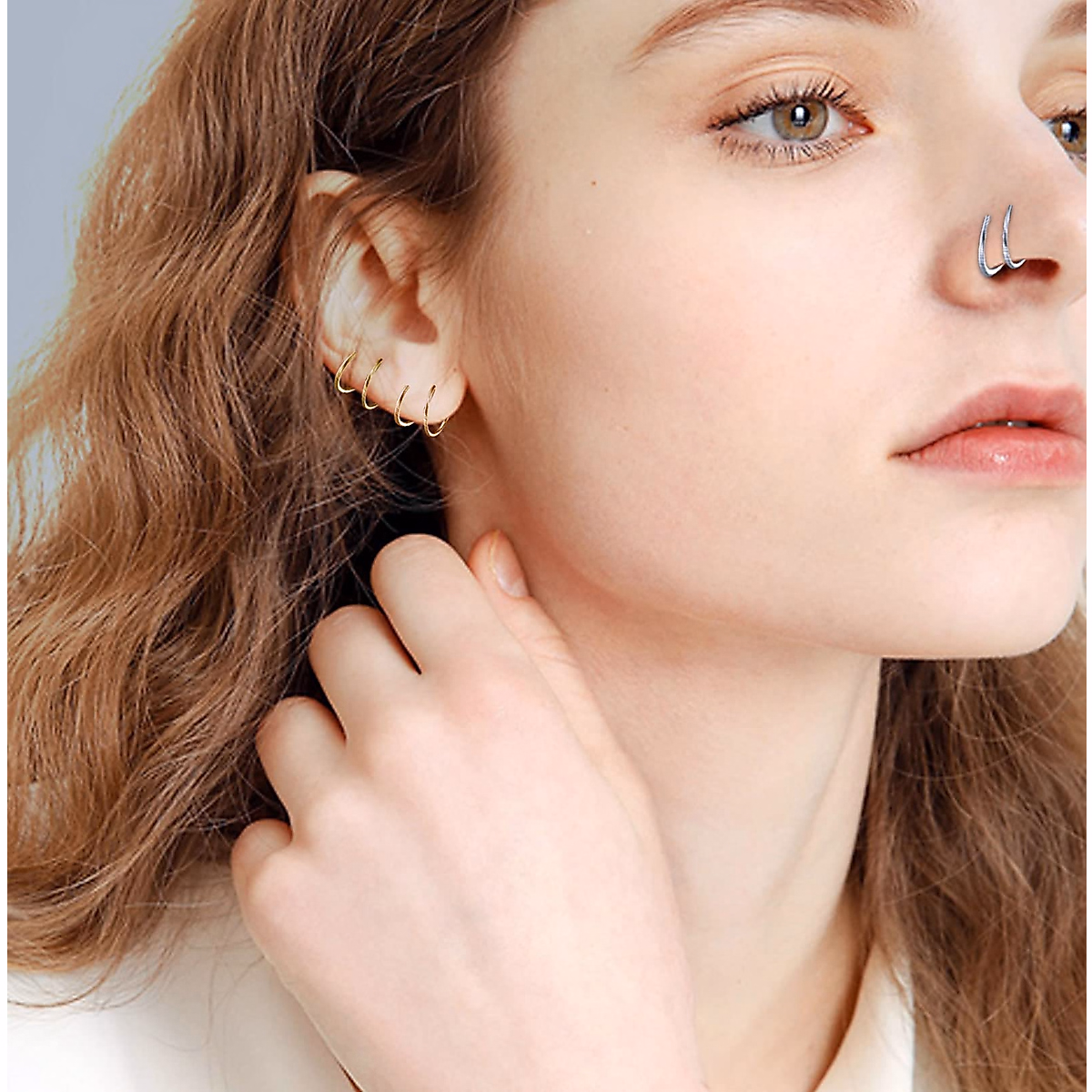 Jamboo Double Nose Ring Hoop Double Hoop Nose Ring for Single Piercing Surgical Steel Spiral Nose Ring Hoop 18G Double Nose Hoops for Women Men (3 Black Silver Rose Gold 18G)