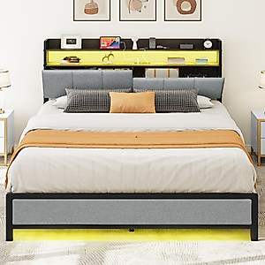 YITAHOME Queen Size Bed Frame, LED Bed Frame with Shelf Storage & Upholstered Headboard, Heavy Duty Metal Slats Platform Bed Frame with Charging Station, No Box Spring Needed, Gray