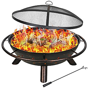 Hykolity 41" Large Size 2 in 1 Outdoor Fire Pit with Grill, Heavy Duty Steel Wood Burning Firepalce, Fire Bowl with Antiqued Copper Finish for Bonfire Patio Backyard