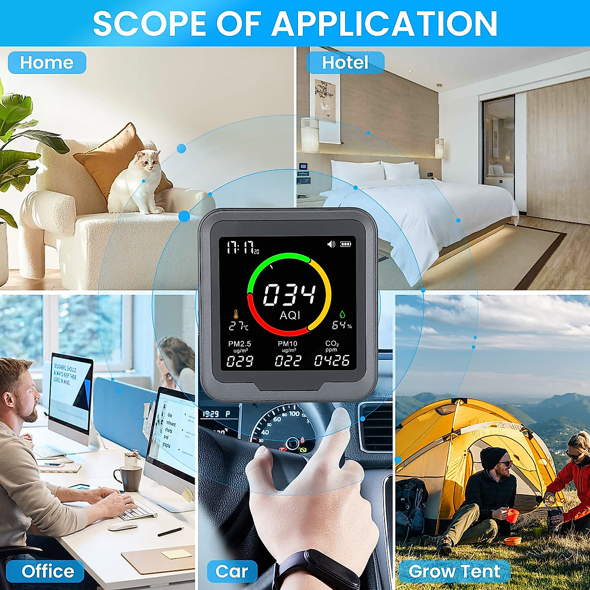 Chaoos 6-in-1 Indoor Air Quality Monitor, Detects CO2, PM2.5, PM10, AQI, Temp and Humidity, AQI Monitor with Alarm, CO2 Monitor for Home, Cellars, Grow Tents, Offices