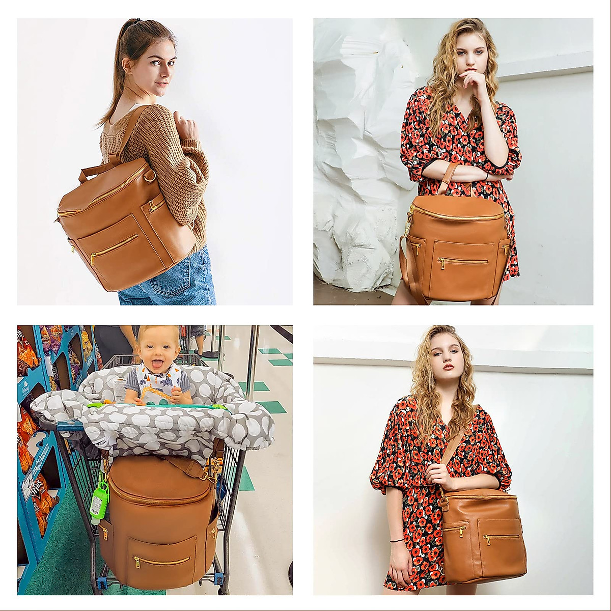 Diaper bag, Leather Diaper Bag Backpack by MF Store, Diaper Backpack with Laptop Sleeve,Changing Pad,Wipes Pouch,Stroller Straps and Insulated Pockets, Brown, 13x7x12 Inch