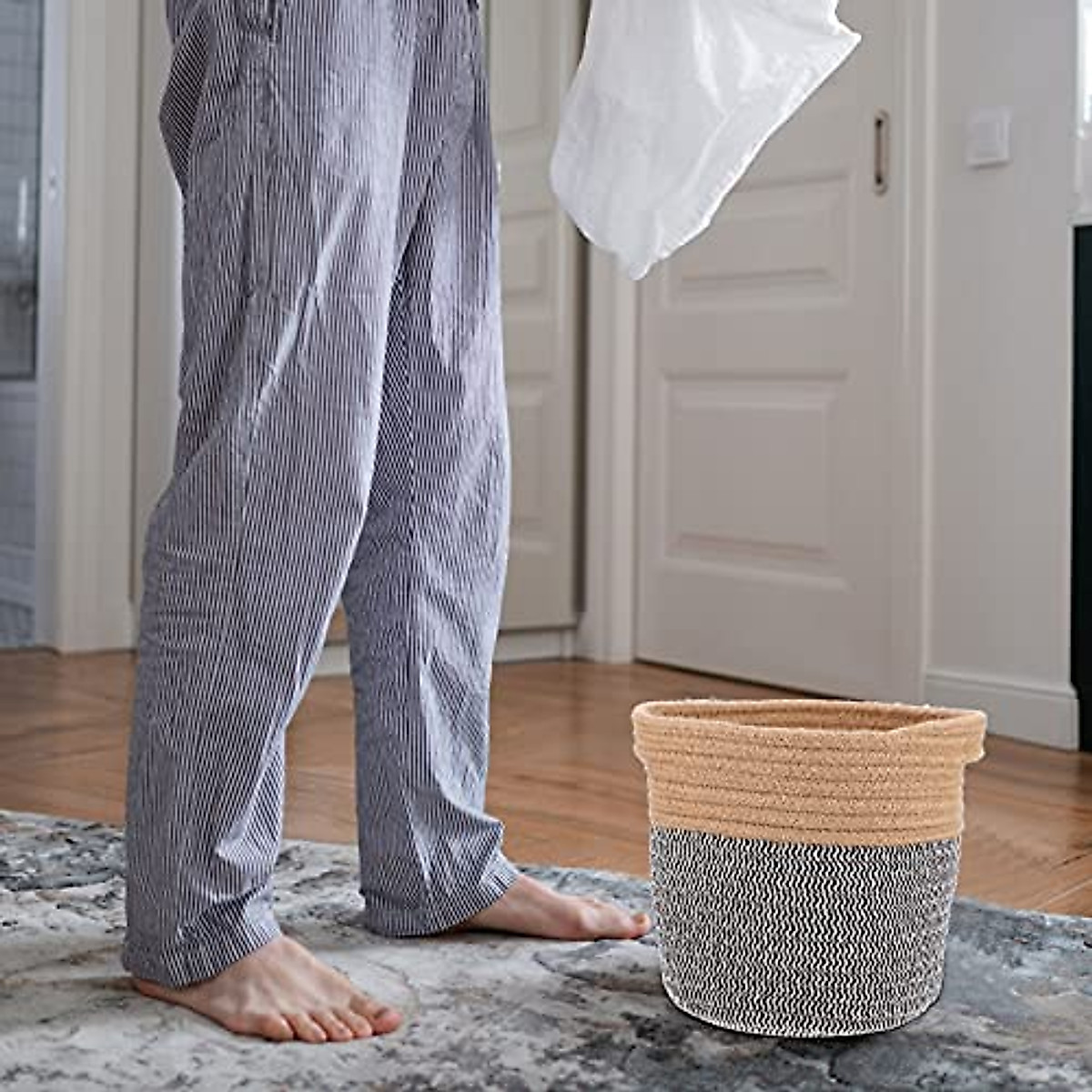 Woven Hamper Collapsible Basket Cotton Rope Woven Basket Large Storage Laundry Plant Pot Cover Decorative Storage Basket for Living Room Bathroom Baskets Nursery Organizer Bins