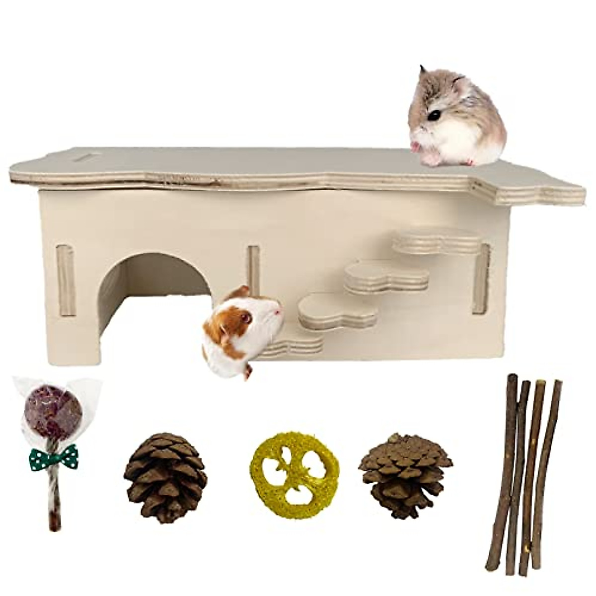 MUYG Wood Hamster House,Natural Wooden Chinchilla Hut with Steps Window Multi-Chamber Small Animal Hideout Maze Habitat Decor for Dwarf Mice,Rats,Syrian Mouse, Gerbils, Chinchilla (L)
