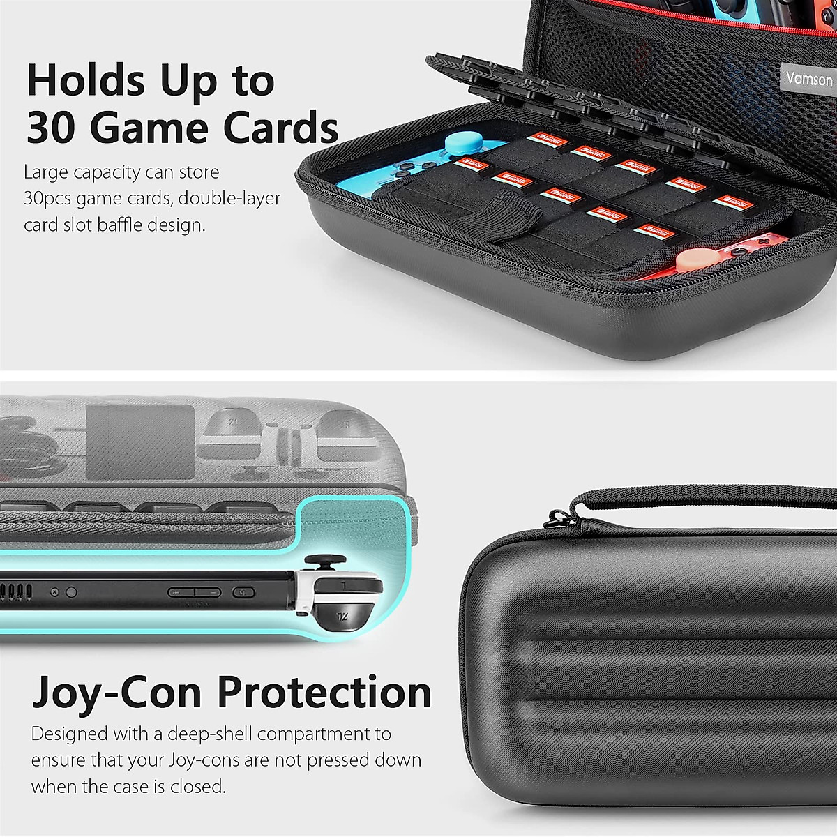 Vamson Carrying Case for Nintendo Switch/Switch OLED, Hard Shell Travel Protective Case Fit Original Charger AC Adapter Accessories, Storage Messenger Bag Backpack with Strap Holds 30 Game Cards VP816