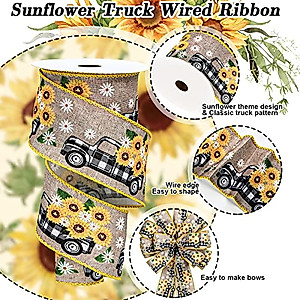 Whaline Sunflower Truck Wired Edge Ribbon Vintage Spring Summer Floral Fabric Ribbon Farmhouse Buffalo Plaids Decorative Craft Ribbon for Gift Wrapping Hair Bow Sewing Wreath Crafts, 10 Yards