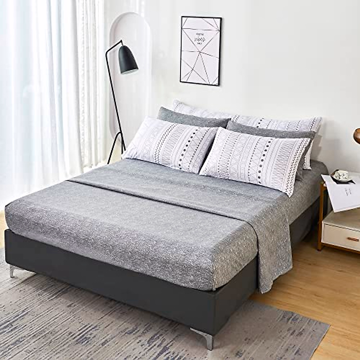 RYNGHIPY Boho Comforter Set Full Size: White Grey Geometric Bed in a Bag for Men Boys - All Season Comfoter with Sheets Pillowcases Soft Microfiber (White,Full Size)