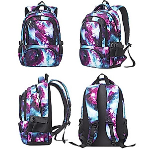 BLUEFAIRY Galaxy Backpack for Girls Elementary School Bag For Kids Child Primary Book Bags Sky Space Print Durable Gifts Presents Travel Mochila Para Niñas 17Inch (Purple)