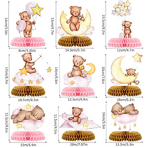 9 Pcs Bear Baby Shower Honeycomb Centerpieces Party Decorate Pink Little Bear Balloons Paper Topper Honeycomb 3D Table Decoration for Kids Party Baby Shower Party Supplies