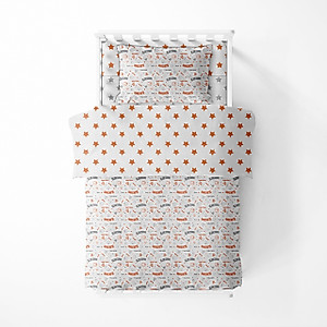 Bacati - Muslin 4 Piece Boys Toddler Bedding Set 100 Percent Cotton Includes Reversible Comforter, Fitted Sheet, Flat Sheet, and Pillow Case (Basketball Orange/Grey)