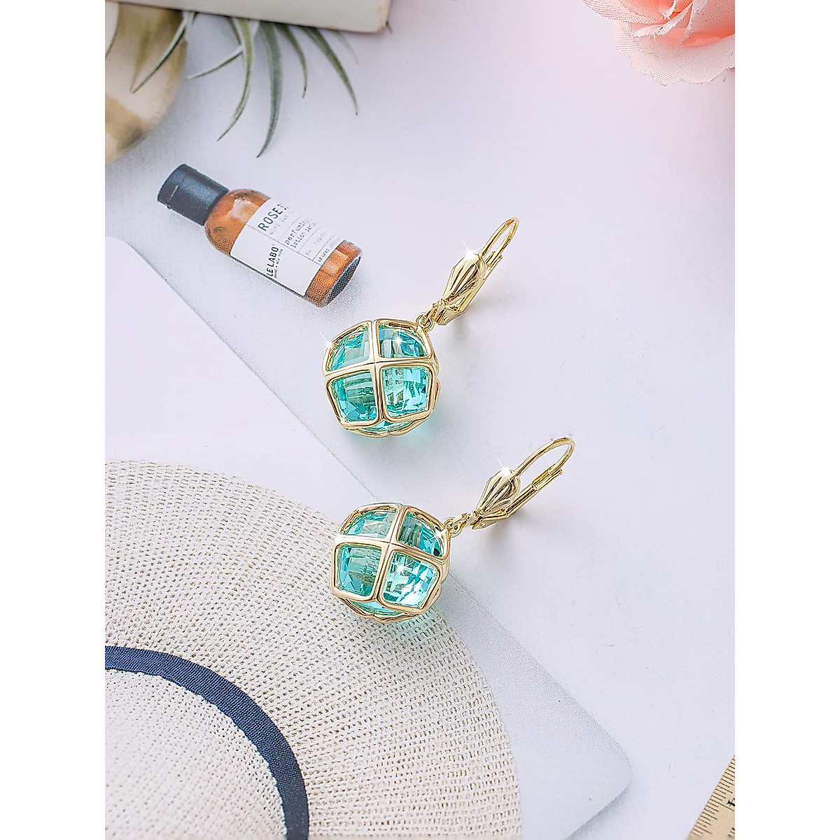 Qinpan 14MM Crystal Pendant Drop Dangle Necklace Earrings Set for Women Glod Plated Costume Jewelry Sets, 38*17.8mm, Yellow Gold, crystal