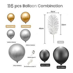 Komiikka 116pcs Black Gold Silver Chrome Balloon Garland Arch Kit for Gatsby Roaring 20s Birthday, New Year, Bachelorette, Graduation, Retirement Party Decorations