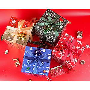 JWSCYSY Assorted Designs Christmas Gift Boxes with Lids, Tissue Papers and Ribbons, Medium Square Gift Boxes - 4 Pcs (8.7 Inch), Gift Wrapping Christmas Holiday New Year Presents Party Favor Boxes.