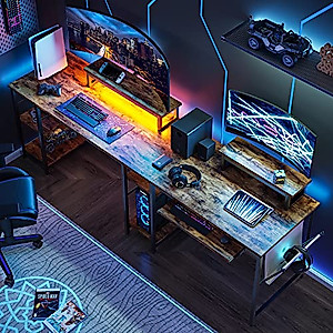 Bestier L Shaped Gaming Desk with Led Light 95.2 Inch Computer Corner Desk or 2 Person Long Table with Shelves Monitor Stand and Keyboard Tray for Home Office, Rustic Brown