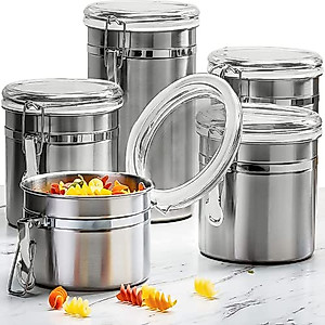 5pc Stainless Steel Canister Set with Clear Acrylic Lids & Clamp Airtight Durable & Stackable Food Storage Container for Kitchen Counter & Pantry, Tea, Sugar, Coffee, Flour, Rice, Pasta, Spices, Herbs