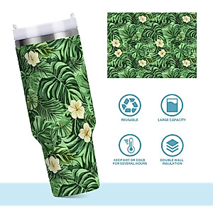 Slewiaeky Tumbler with Handle 40 oz Plant Palm Leaf Vintage Travel Mug with Lid and Straw Hibiscus Stainless Steel Vacuum Insulated Water Bottle Cup for Iced Tea Coffee Cold Beverages Cup Holder Frie