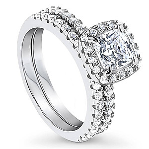 BERRICLE Sterling Silver Halo Wedding Engagement Rings Cushion Cut Cubic Zirconia CZ Ring Set for Women, Rhodium Plated Size 6
