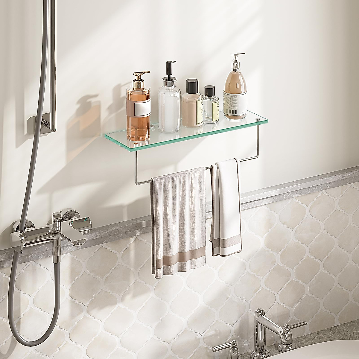 HOOBRO Glass Shelf for Bathroom, 15.7 Inch Glass Bathroom Shelf Wall Mounted, Tempered Glass Shelf with Stainless Steel Rod, Floating Shelves for Bathroom, Toilet, Room Decor, Silver SV03BJ01