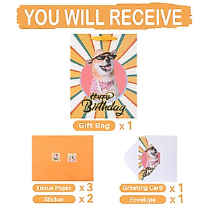 13” Large Yellow Happy Birthday Gift Bag Set with Handles, Greeting Card, Tissue Papers and Stickers for Women Girls Men Boys, Dog Design, 1 Pcs