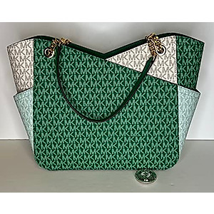 Michael Kors Jet Set Travel Large Chain Shoulder Tote bundled Purse Hook (Palmetto Green MK Colorblock)