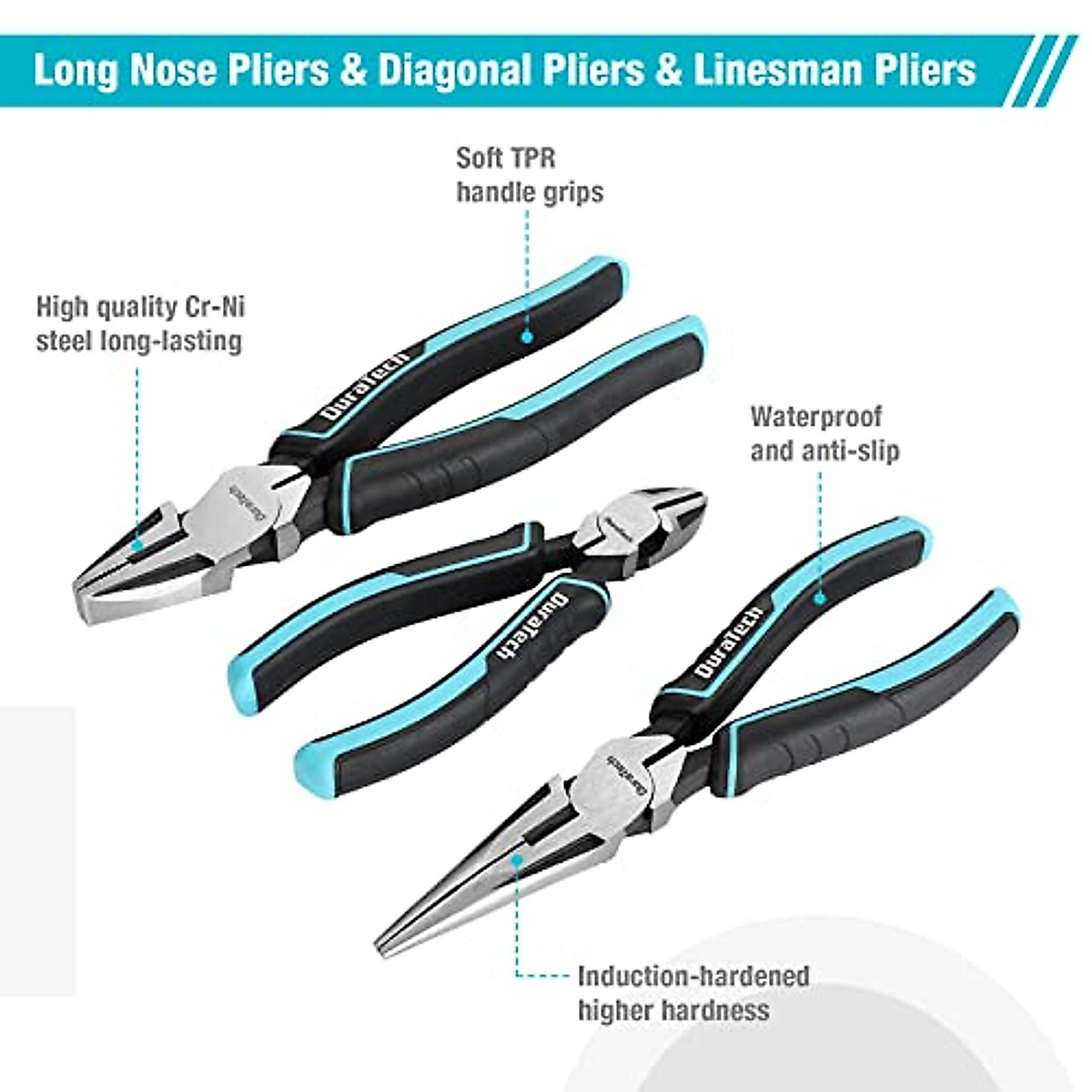 DURATECH 7-Piece Pliers Set, Premium Cr-Ni Construction (10", 8" Groove Joint Pliers, 8", 6" Long Needle Nose, 8" Linesman, 6" Slip Joint, 6" Diagonal) for Basic Repair, with Oxford Rolling Pouch