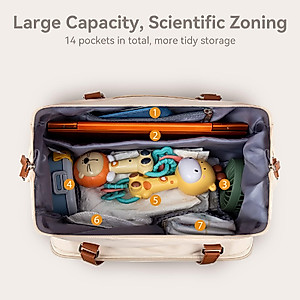 Diaper Bag Backpack Baby Bag, 4 in 1 Diaper Bag Tote, Mom Bag for Hospital with 14 Pockets, Diaper Tote Bag for Labor & Delivery, Large Waterproof Baby Travel Bag with 3 Insulated Pockets, Beige