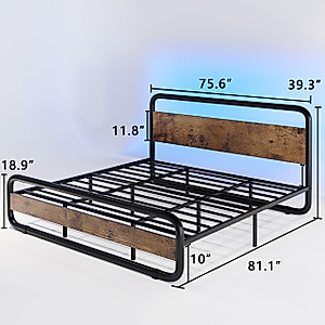 Fastroby King Size Bed Frames with Headboard LED Light, Platform Bed Frame King with 10" Under Bed Storage, Heavy Duty Bed Frame No Box Spring Needed, Easy Assembly, Rustic Brown and Black