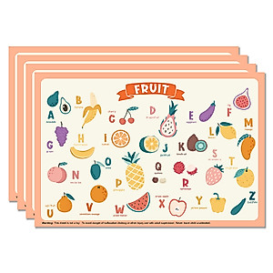 60 Pack Disposable Placemats for Baby & Toddle, 12" x 18" Restaurant Table Mats, Sticky Kids Placemat for Picnic Table, Party, Travel, Fruit Alphabet Theme