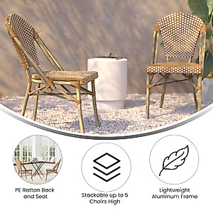 EMMA + OLIVER Colmar Bistro Chair - Natural & White Woven PE Seat and Back - Light Bamboo Finish Aluminum Frame - Set of Two