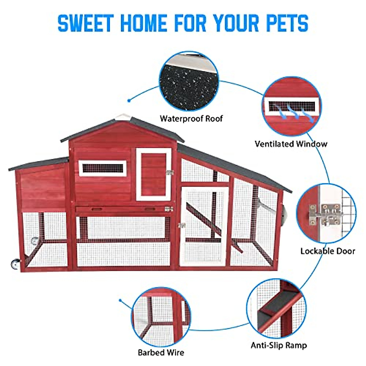 PetsCosset Chicken Coop Wooden Backyard Hen House - Indoor Outdoor for 2-3 Chickens, 2 Story Poultry Cage with Run, Chicken Nesting Box, Pull Out Trays and Anti-Slip Asphalt Ramp