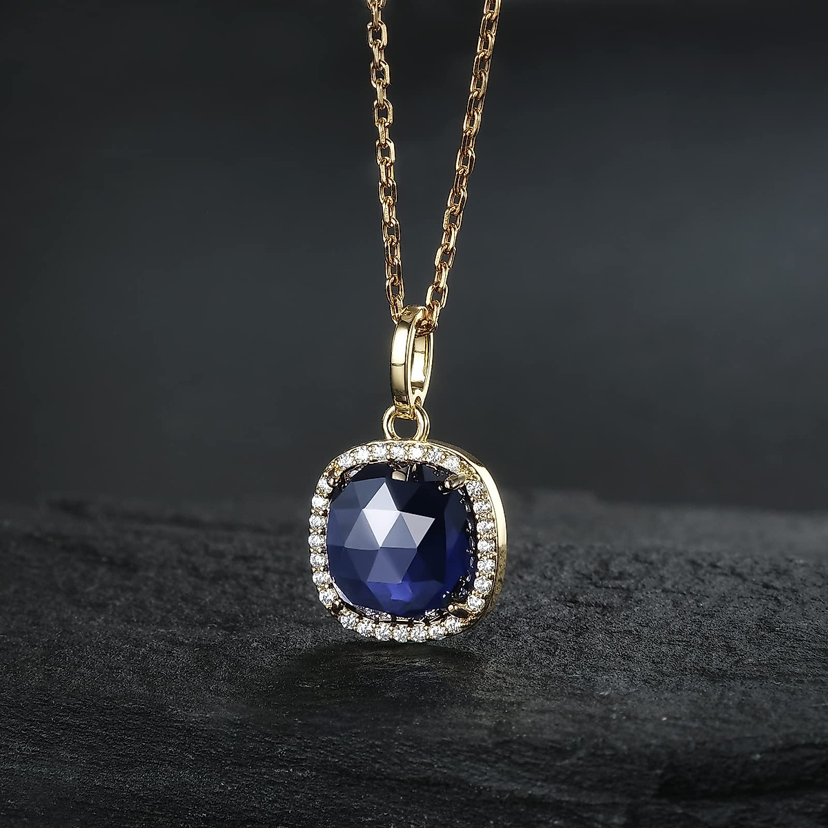 Jupiter Natural Gemstone Pendant Necklace,14k Gold/Rhodium Plated Genuine Gemstone Square Pendant Necklace for Ladies & Girls, Gold Plated, Sapphire