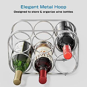 Buruis 6 Bottle Countertop Wine Rack - Freestanding Modern Metal Small Wine Rack - Tabletop Wine Holder Stand for Cabinet, Pantry, and Kitchen Decor - No Assembly Required - Silver