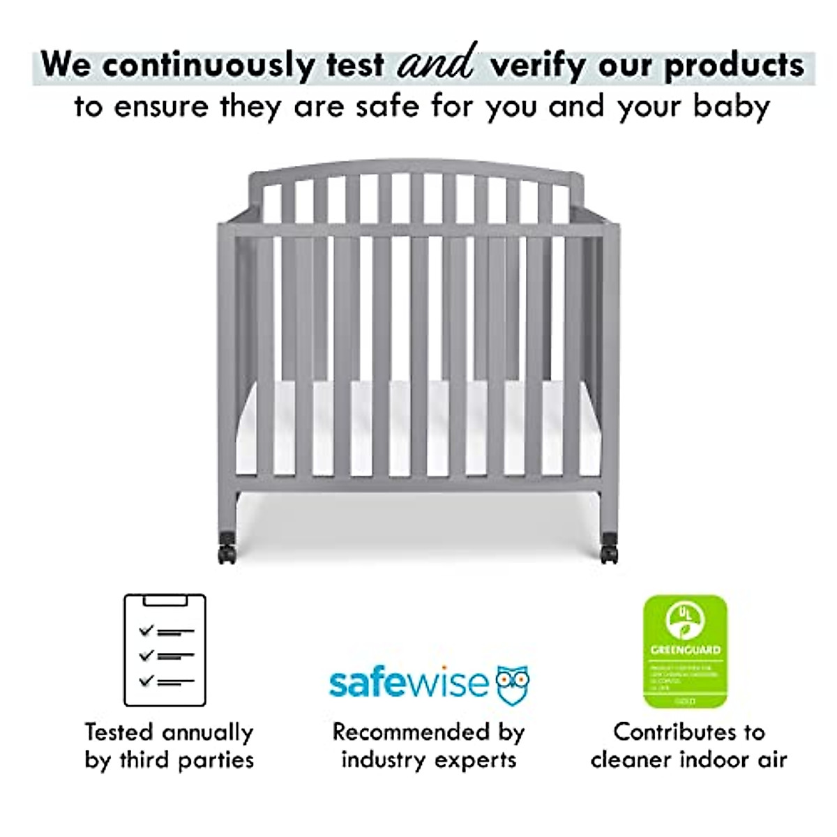 DaVinci Dylan Folding Portable 3-in-1 Convertible Mini Crib and Twin Bed in Grey, Greenguard Gold Certified