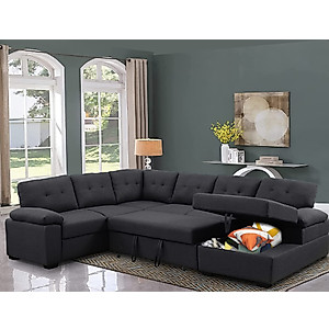 Sleeper Sofa Couch Bed with Pull Out Couch Living Room Set Sectional Sleeper Sofa with Storage Chaise Modular Couch Fabric Sofa Bed in Dark Grey