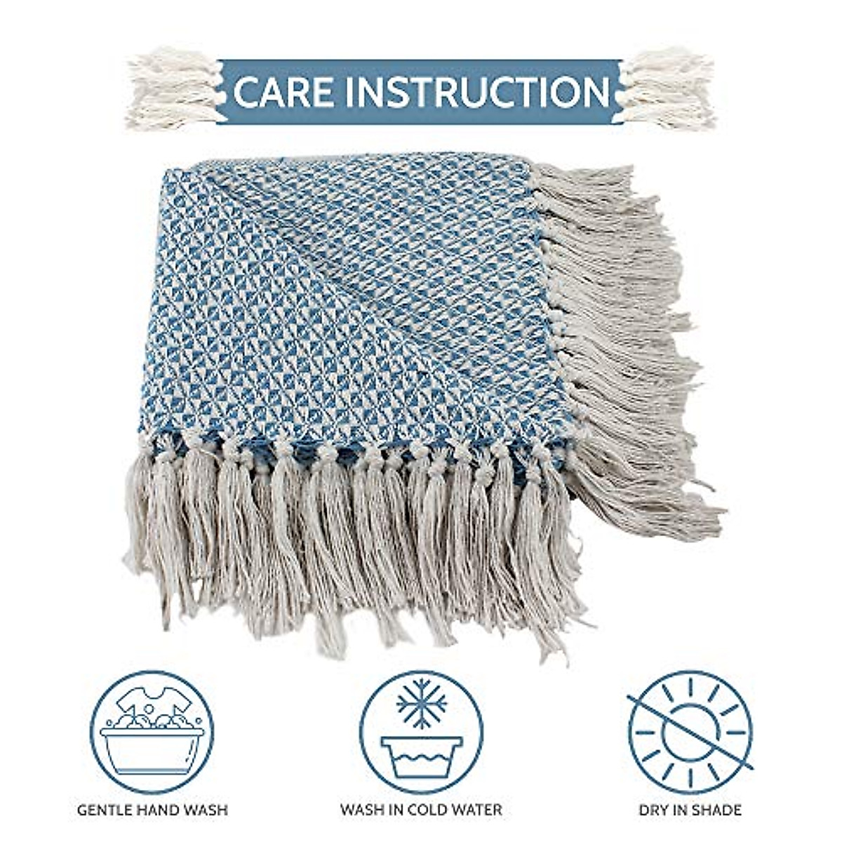 Outdoor Throw Blanket with White Tassel - 50x60 Inches 100% Cotton Farmhouse Throws Decorative Soft Boho Blankets - Aqua Blue