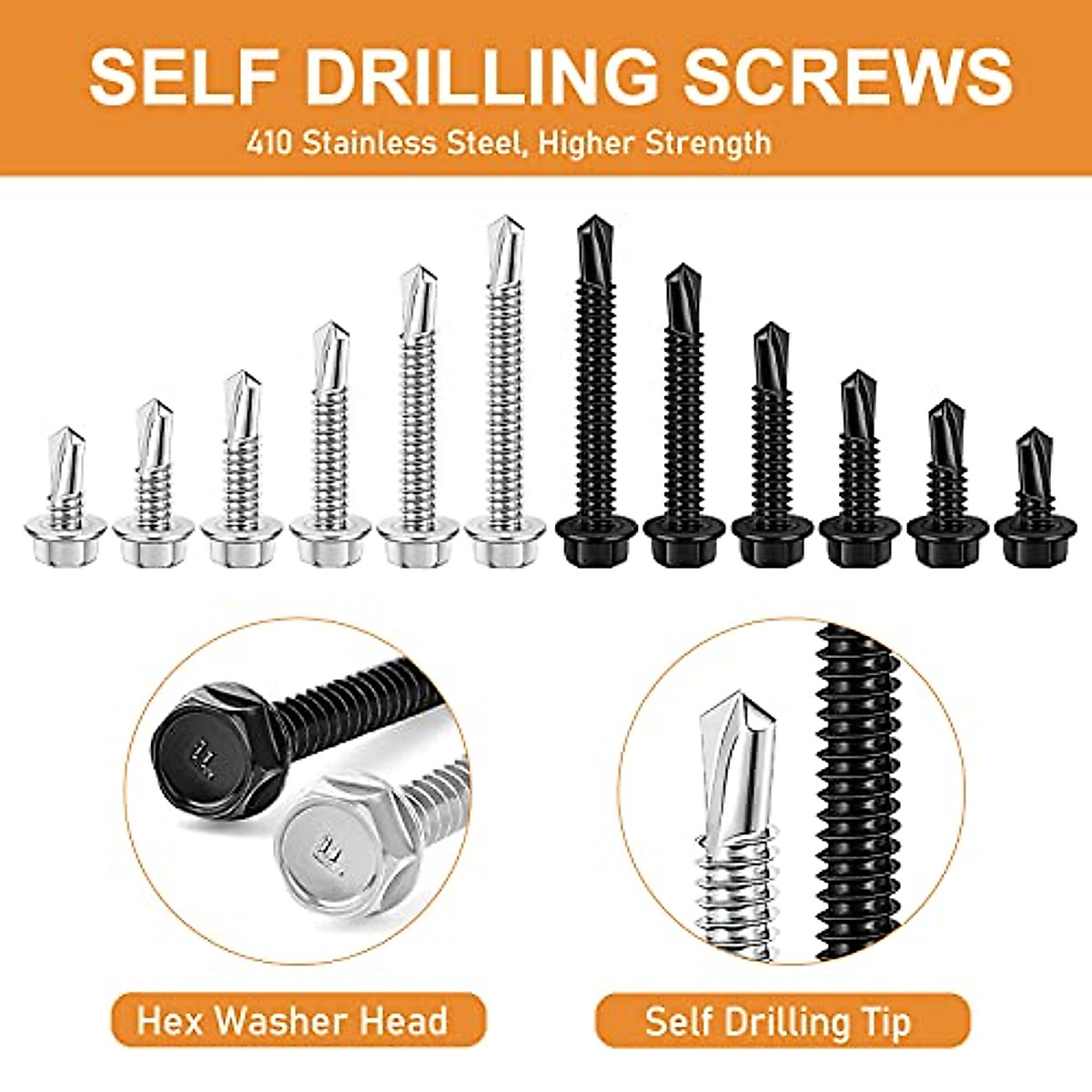 VIGRUE 410 Stainless Steel 360 Pieces Self Tapping TEK Screw Assortment, #8 Hex Washer Head Self Drilling Screws Full Thread Sheet Screw Kit for Metal