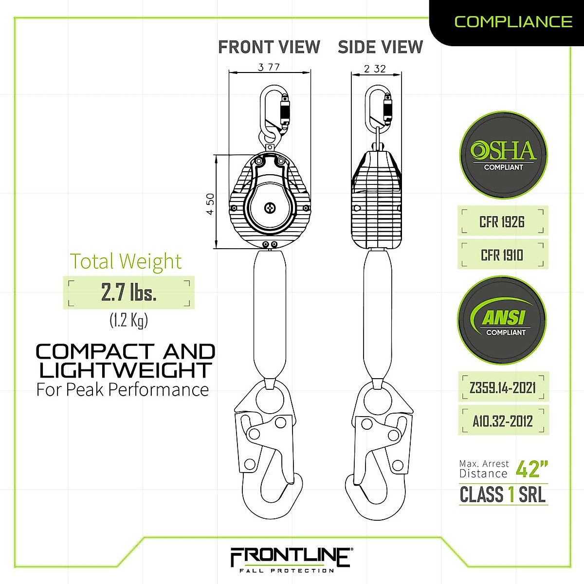 Frontline RPW061S 6' Web SRL with Steel Snap Hook | Pocket-Sized Design | Lightweight & Durable | High-Strength Webbing | Quick-Action Braking | 310 lbs Capacity | ANSI & OSHA Compliant