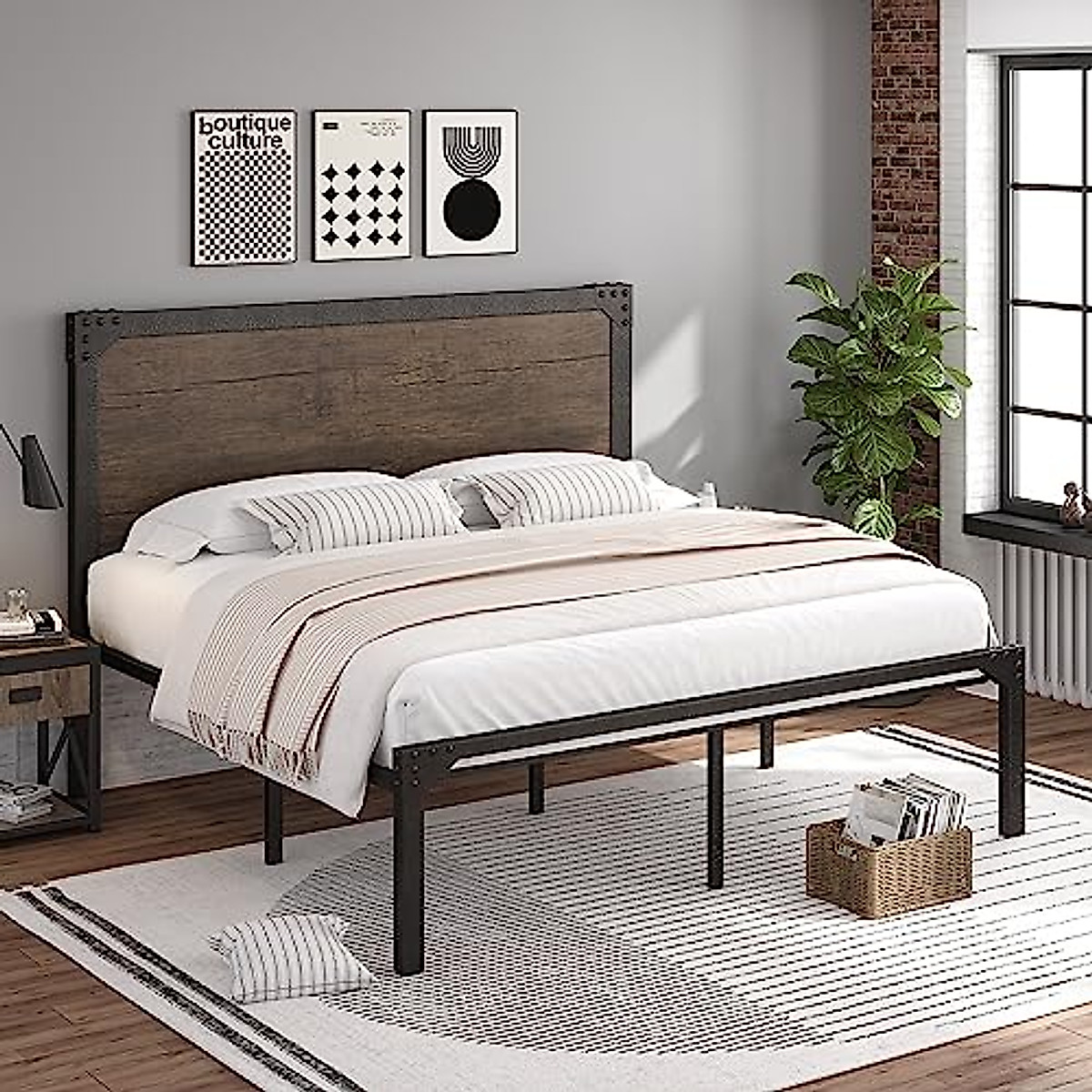WEEWAY Queen Size Metal Platform Bed Frame with Wood Headboard, Industrial Rivets Design, Large Under Bed Storage, Mattress Foundation, No Box Spring Needed, Brown
