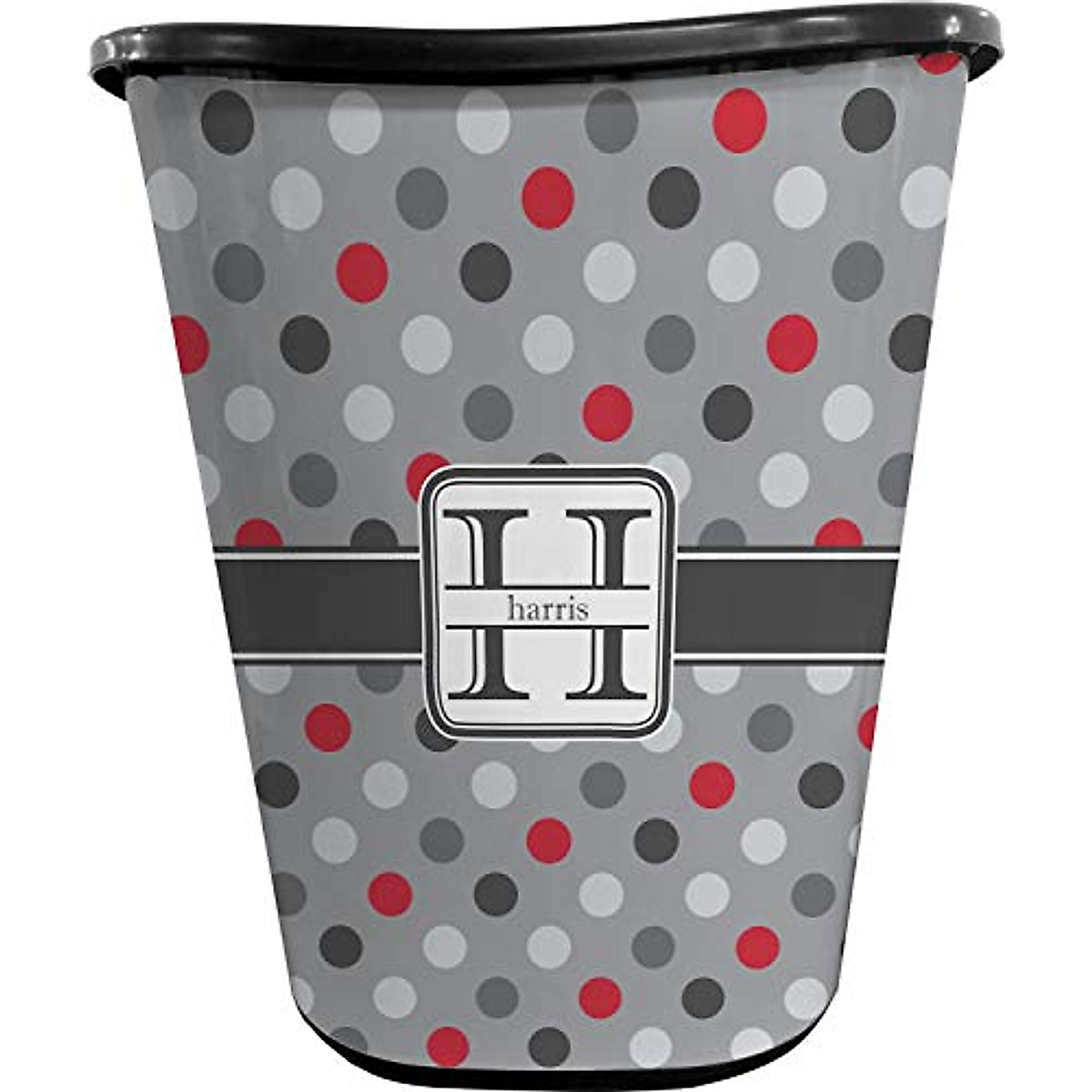 RNK Shops Red & Gray Polka Dots Waste Basket - Single Sided (Black) (Personalized)