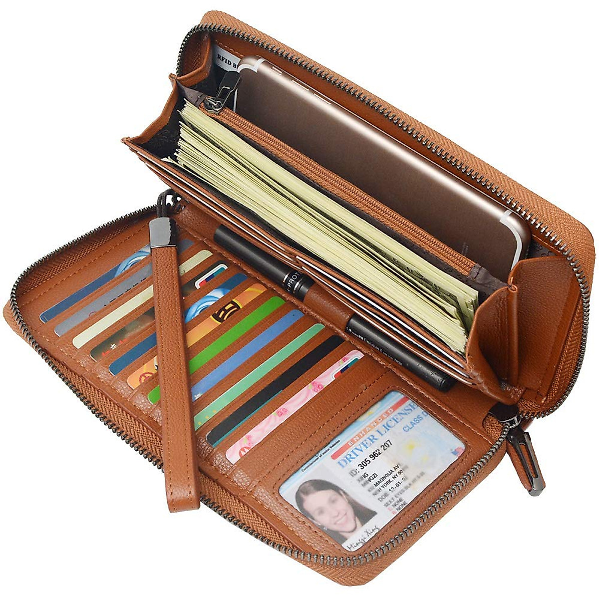 Bveyzi Women RFID Blocking Wallet Leather Zip Around Phone Clutch Large Capacity Ladies Travel Purse Wristlet (Brown)