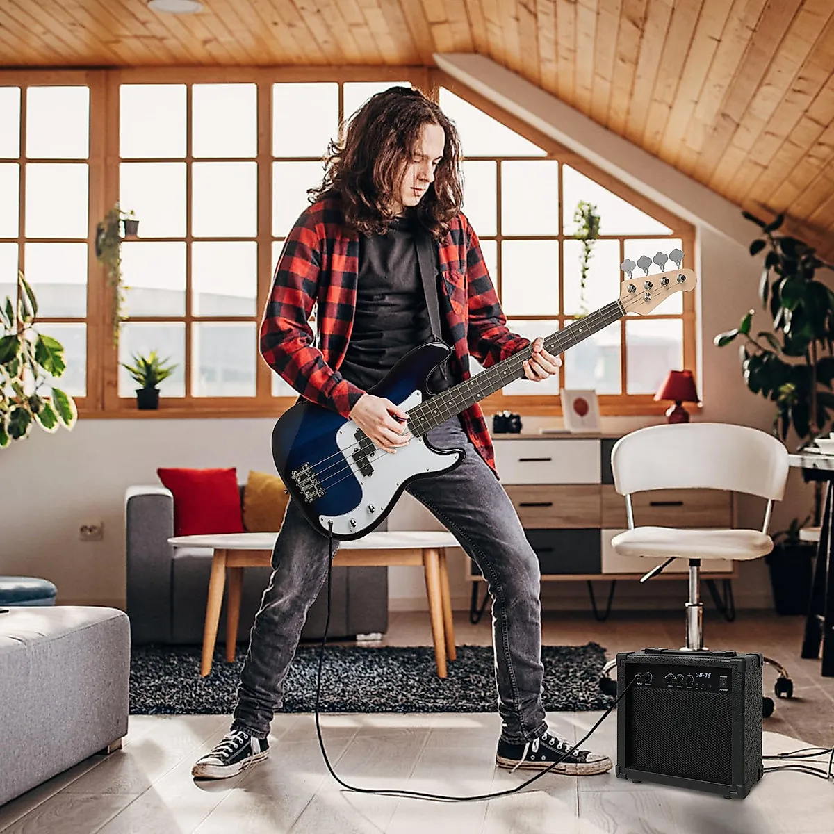 Electric Bass Guitar 4 Strings, 46 Inch Full Size Beginner Kit with 15W Amp, Gig Bag, Strap, 3 Picks for Beginner Adults Teens, Right Handed