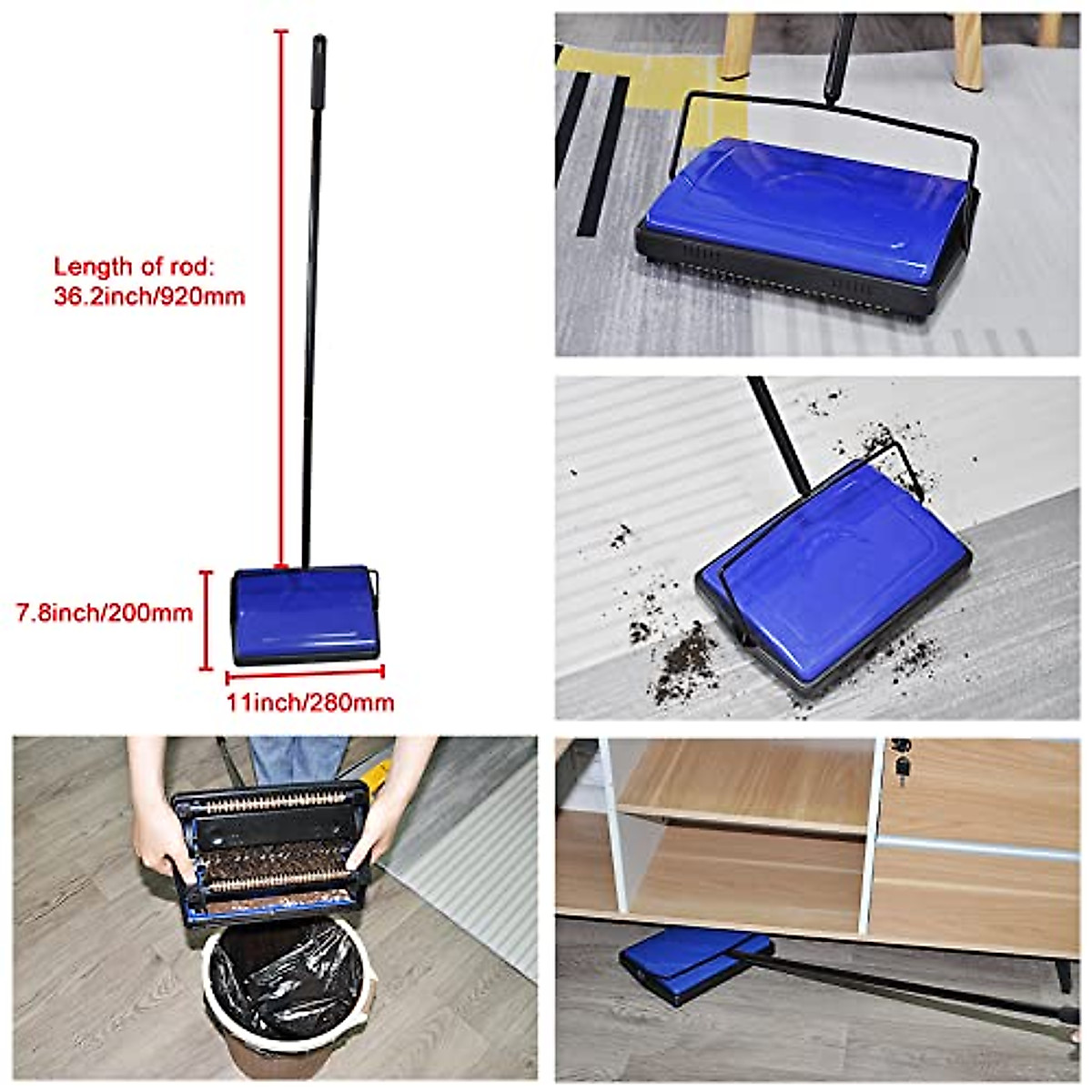 EZ SPARES Quiet Carpet Sweeper, Floor Sweeper with Horsehair Roller Brush Strong,Suitable for Carpet Cleaning Power,Bristle Sweeper,Great for House,Office,Kitchen,Carpet(Blue)